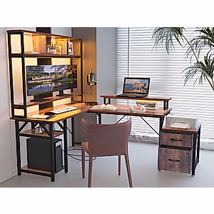 SZXKT L Shaped Desk with Drawers,Corner Desk with Storage,Gaming Desk with Power Outlet,L Desks for Home Office with Monitor Stand and LED Lights, Desk with Shelves and Bookshelf,Rustic Brown