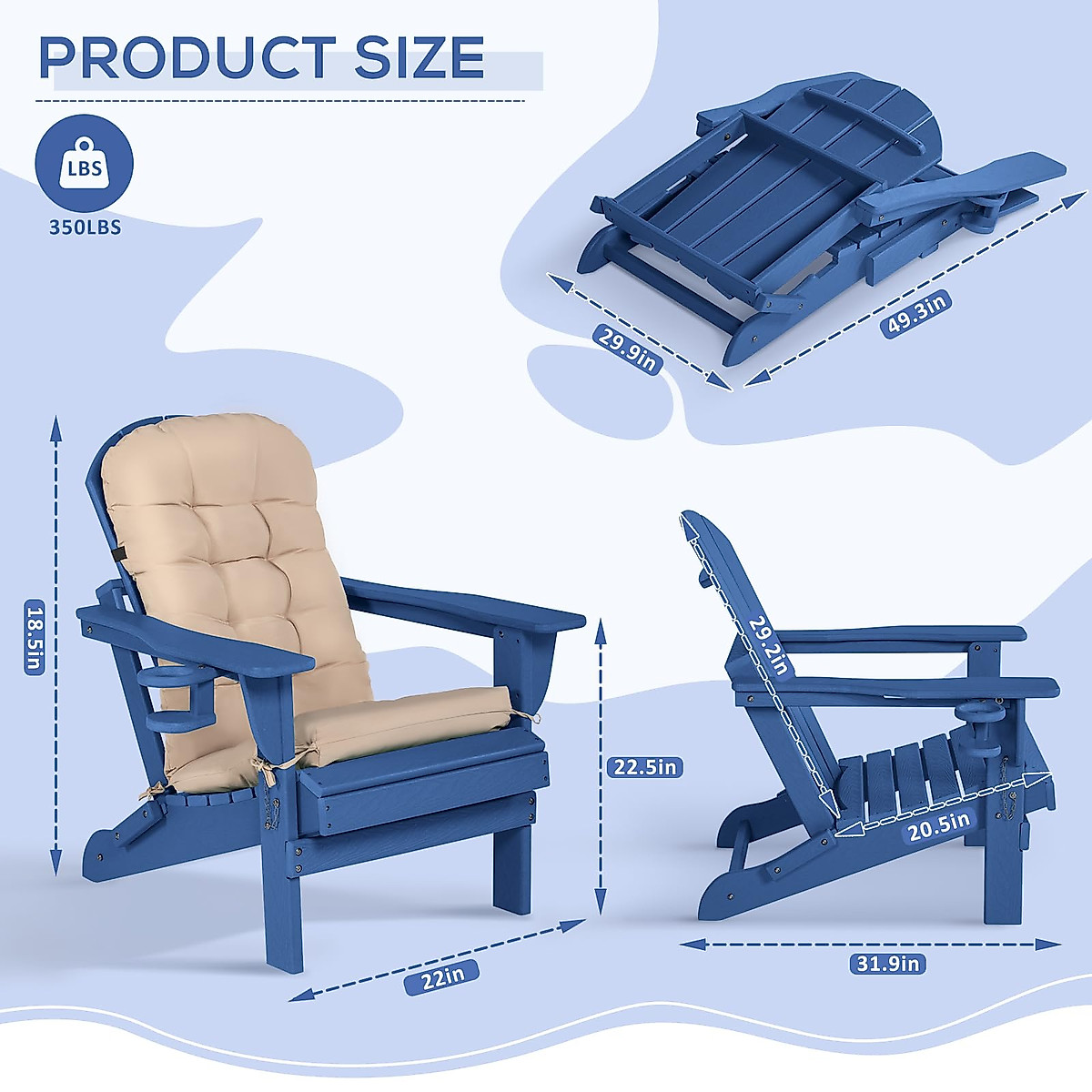 LOENIY Adirondack Chair with Cushion & Cup Holder, HDPE Folding Adirondack Chair with Wood-Like Grain Outdoor Fire Pit Chairs for Patio/Porch/Swimming Pool/Camping (Blue)