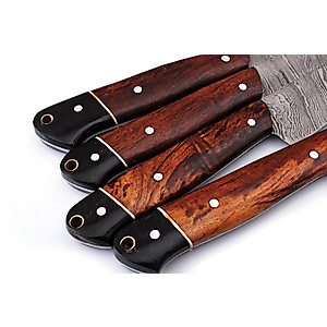 Professional Kitchen knife Custom Damascus Steel Chef knife 4 pcs of Utility BBQ knife| Cutlery set with Ross wood and Buffalo Horn Handle with Leather Roll Case, Overall 8.5 -13 inches
