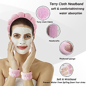 YANGYICHEN Sponge Terry Cloth Makeup Headband, 6-pack Skincare Headbands and Wristbands Set for Women and Girls, Spa Headband for Washing Face, Pink, Black