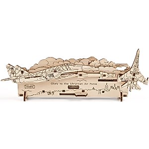 UGEARS Ghost of Kyiv Attacks 3D Wooden Puzzle - Wooden Mechanical Model Kit to Build - DIY Constructor with Gear Mechanism - Brain Teaser Building Set for Adults