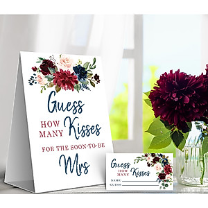 Your Main Event Prints Burgundy and Navy How Many Kisses Game Sign and Cards Great for Bridal Showers and Weddings, Neutral Floral