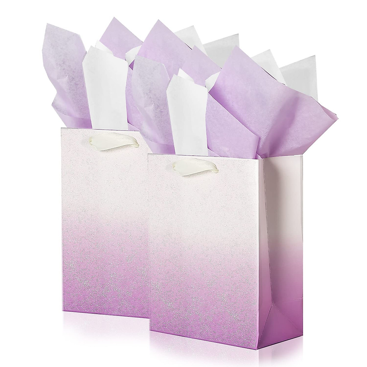 UNIQOOO 12Pcs Ombre Purple Gift Bags Bulk w/ 24 Tissue Paper, 9 x 7 x 4 In, Gradient Pastel Glitter Paper Gift Wrap Bag, Recyclable Gift Packaging for Wedding Birthday Mother's Day Baby Shower Party Favor Décor