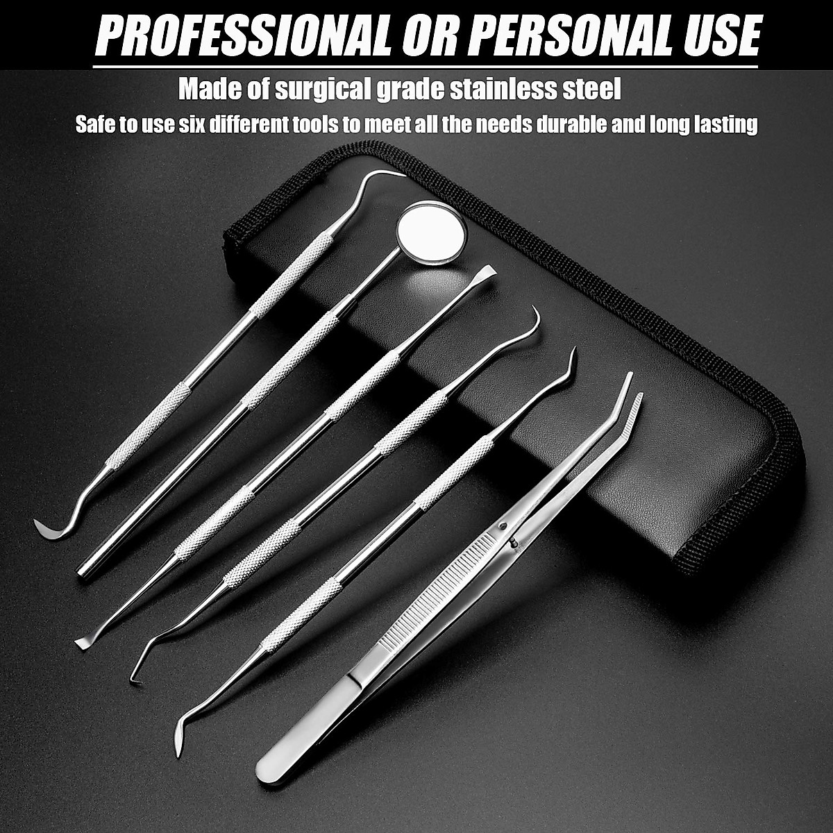 Dental Hygiene Tool Set Stainless Steel Dental Pick and Tweezers, Gum Floss, Tooth Scraper Plaque Tartar Remover for Personal Oral Care & Pet Use (6 Pack)