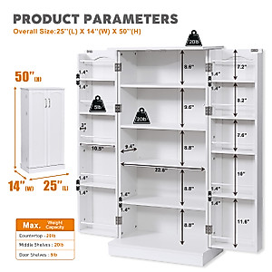 Furnaza 50" LED Kitchen Pantry Storage Cabinets - Standing Food Cabinets Cupboards with 2 Doors with Racks and Shelves Adjustable for Small Space in Dinning Room, Living Room, in White