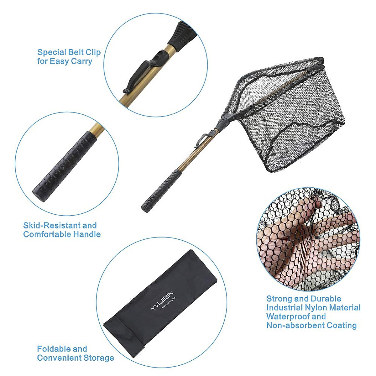 YVLEEN Folding Fishing Net - Foldable Fish Landing Net Robust Aluminum Telescopic Pole Handle and Nylon Mesh 16inch Hoop Size