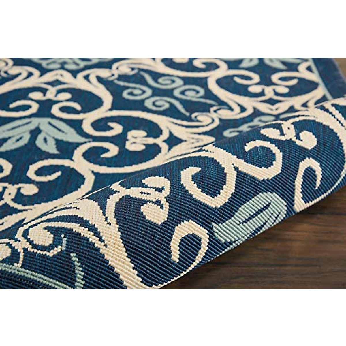 Nourison Caribbean Navy 7'10" x 10'6" Area-Rug, Geometric, Floral, Bed Room, Living Room, Dining Room, Kitchen, Easy-Cleaning, Non Shedding, (8' x 11')