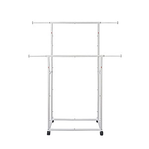 Fishat Simple Standard Double Rod Clothing Metal Garment Rack, Rolling Clothes Organizer on Lockable Wheels (White)