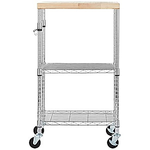 Amazon Basics Kitchen Storage Microwave Rack Cart on Caster Wheels with Adjustable Shelves, 175 Pound Capacity, 15 x 21 x 36.7 inches, Wood/Chrome