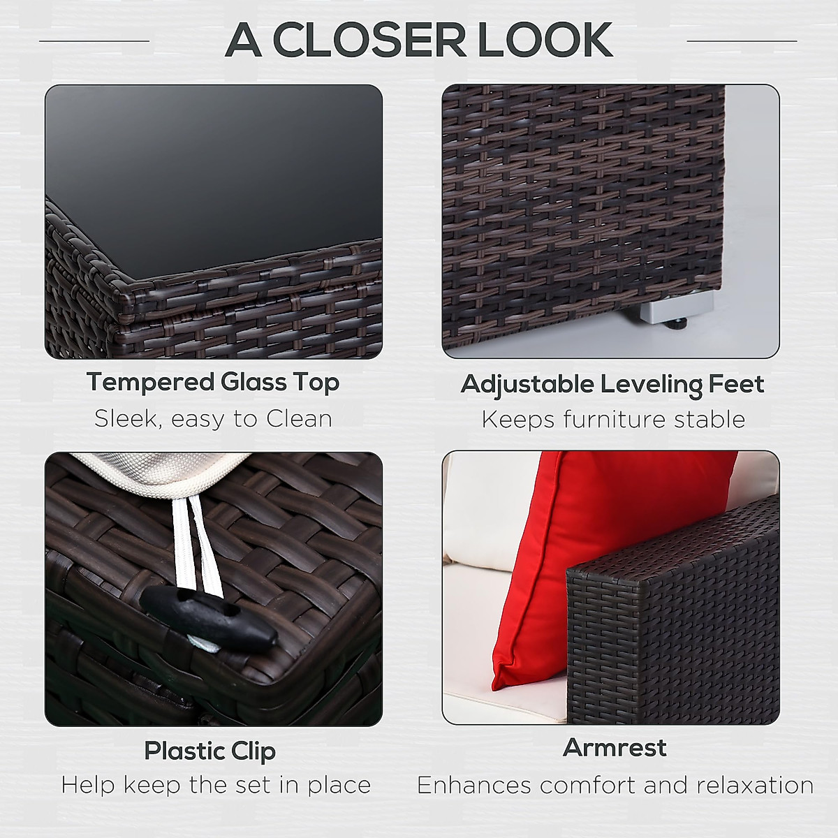 Outsunny 5-Piece Patio Furniture Set with Cushions, Outdoor PE Rattan Wicker Sofa Set, Sectional Furniture with Pillows, Glass Coffee Table for Garden, Backyard, Brown/Cream White