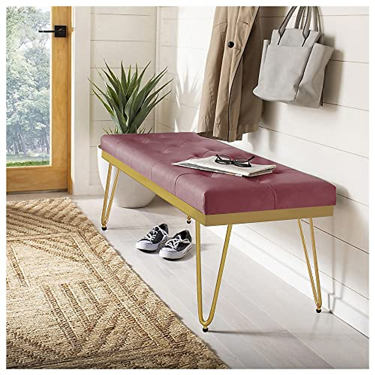 GIA Home Furniture Series Bench with Brushed Pink Velvet Seat and Metal Frame, Gold