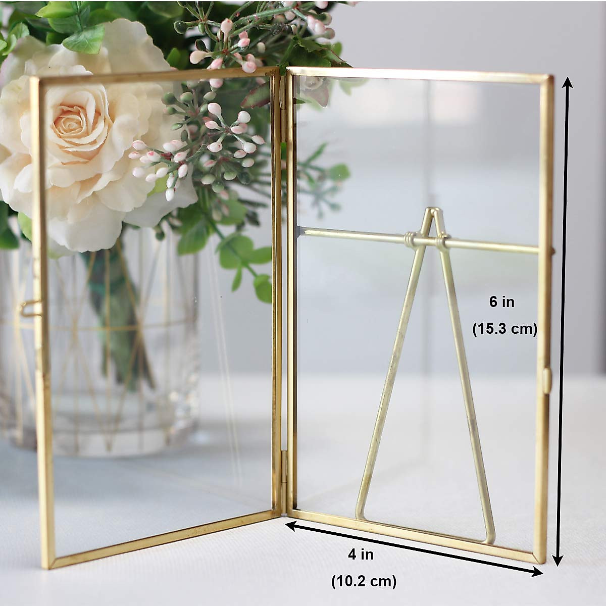 WONTHAI Gold Picture Frame - 4x6 Antique Brass Postcard Picture Frame for Desk - Small Pressed Glass Frame for Pressed Flowers - Floating Vertical (4 * 6 vertical)…