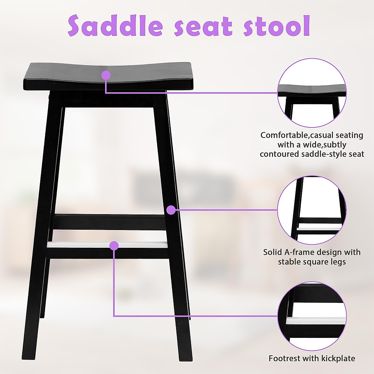 Bar Stools Set of 2, 30 Inch Counter Height Bar Stools with Footrest, Solid Wooden Frame Bar Stools for Kitchen Counter, Backless Farmhouse Bar Stool Counter Stool, Breakfast Barstool Set of 2