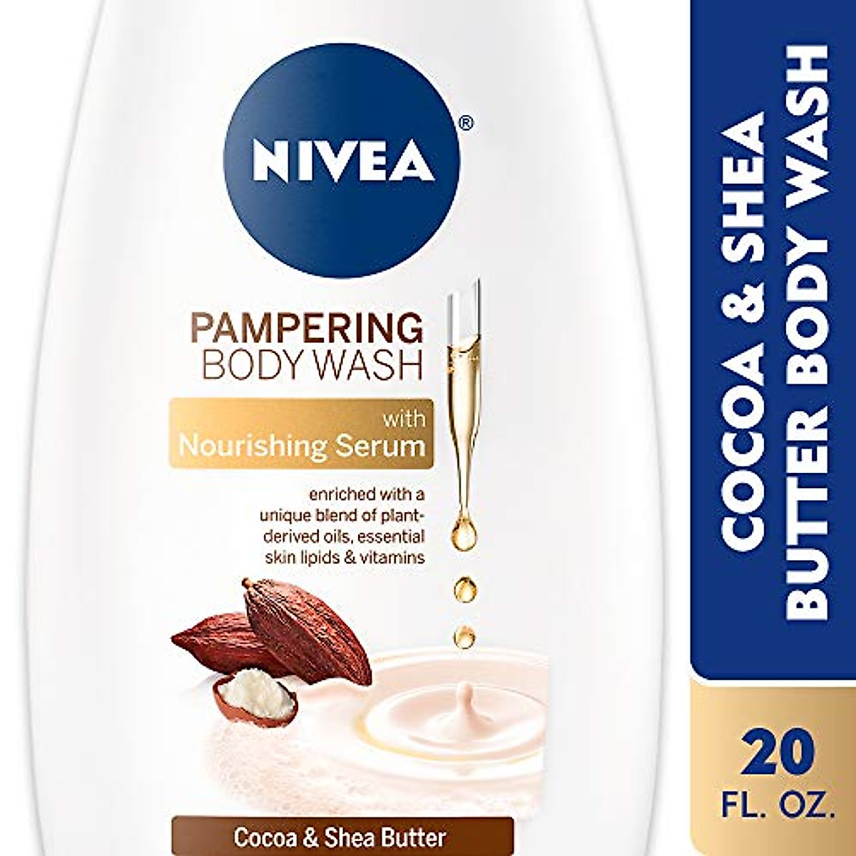 NIVEA Pampering Cocoa and Shea Butter Body Wash with Nourishing Serum, Moisturizing Body Wash for Women, Enriched with Provitamin B5 and Vitamin E, 20 Fl Oz Bottle