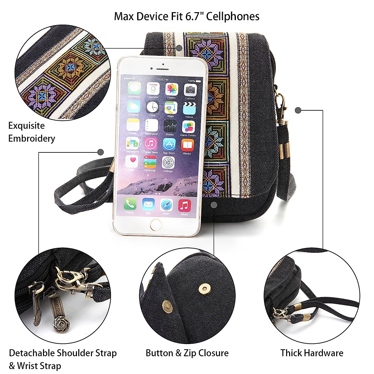 Goodhan Embroidery Canvas Crossbody Bag Cell phone Pouch Coin Purse for Women