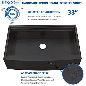 KINGO HOME 33 inch Black Farmhouse Sink, 16 Gauge Ledge Stainless Steel Rustic Farmhouse Sink Apron Front Undermount Farm Kitchen Sink with Accessories Farmers Sink Rustic Farmhouse Kitchen Sink