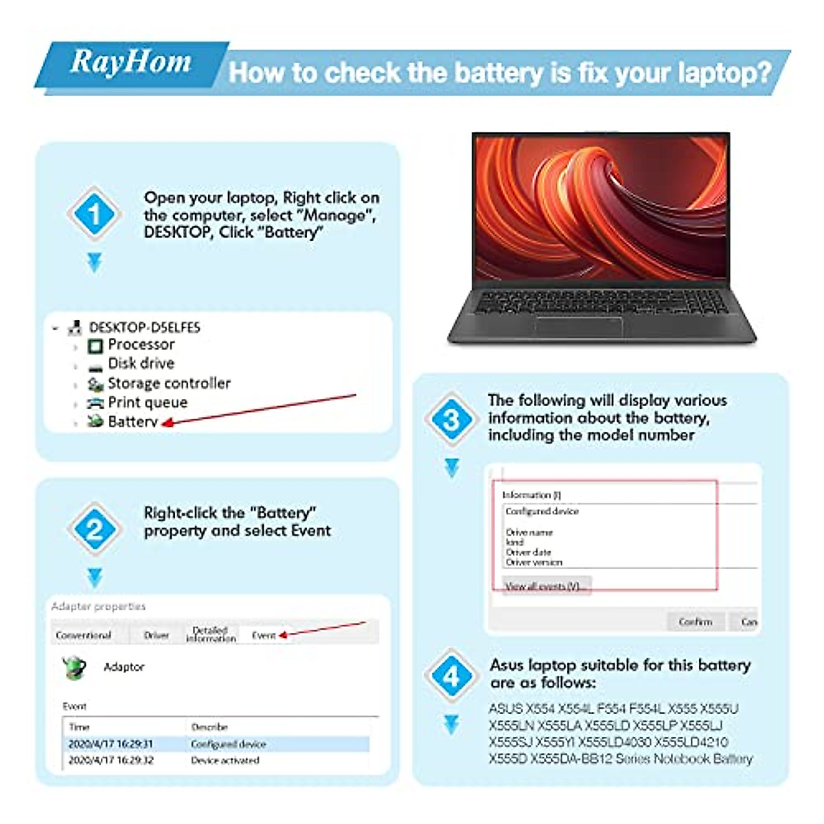 RayHom C21N1347 New Laptop Battery - for Asus X555 X555LA X555LD X555LN A555L K555L Y583LD W519LD K555LD K555LA R556L VM590L Series 2ICP4/63/134
