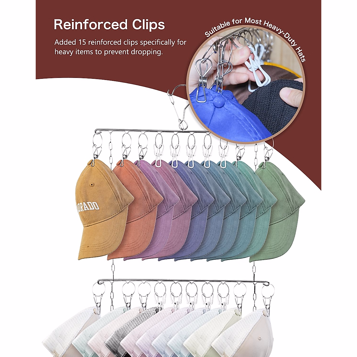 Gumilyo Stainless Steel Hat Hanger for Closet with 30 Heavy Duty Clips, Fits All Caps, Silver