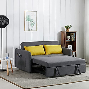 FIQHOME 55.5" USB Ports and Side Pockets,3 in 1 Multi-Functional Convertible Sleeper 2 Lumbar Pillows,Loveseat Sofa with Pull Out Bed,for Living Room, Apartment(Grey)