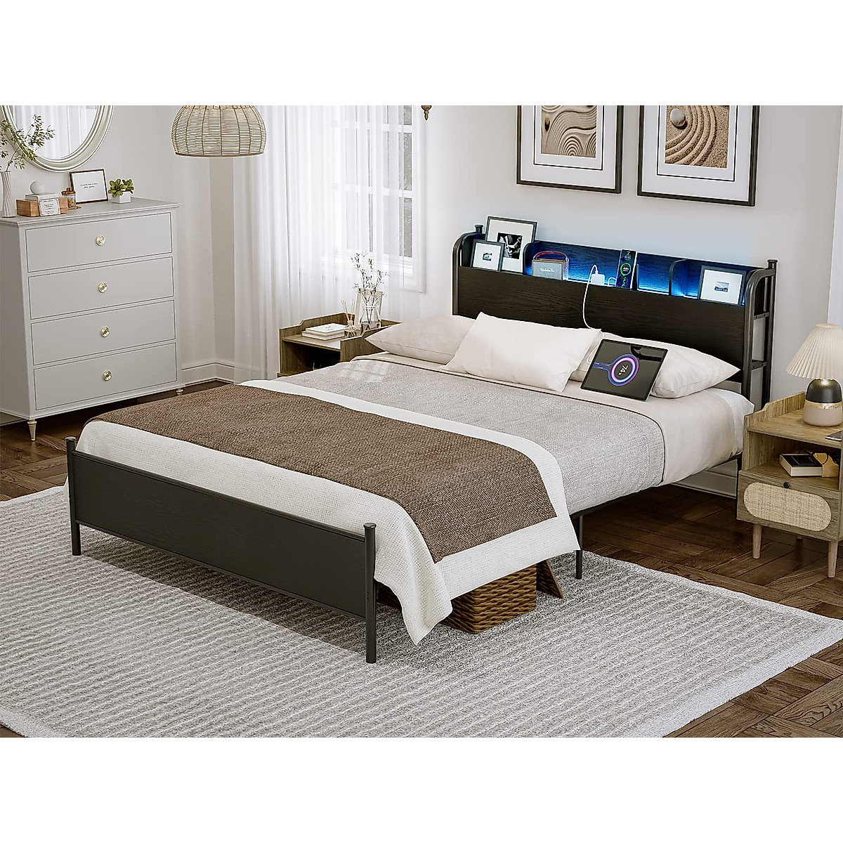 IKIFLY Queen Bed Frame with Storage Shelf Headboard & Charging Station - Metal LED Platform Bed with Strong Steel Slats, No Box Spring Needed, Noise Free, Industrial Vintage Design - Black