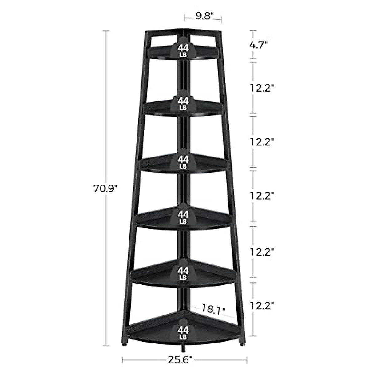 Rolanstar Corner Shelf, 6 Tier Modern Corner Bookshelf Industrial Corner Ladder Shelf Plant Stand for Display Rack for Living Room, Home Office, Bathroom, Small Space, Black