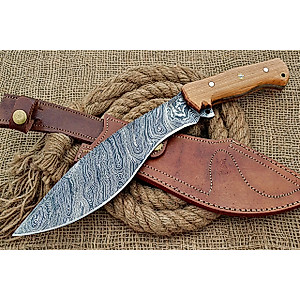 HUNTEX Handmade Hand-Forged Twist Pattern Damascus Steel 15 Inch Long Full Tang Natural Oak Wood Handle Razor Sharp Hunting Camping Kukri Knife w/Genuine Leather Sheath