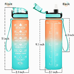 Enerbone 32 oz Water Bottle, Leakproof BPA & Toxic Free, Motivational Water Bottle with Times to Drink and Straw, Fitness Sports Water Bottle with Strap for Office, Gym, Outdoor Sports, Orange-Green