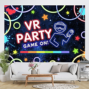 7x5ft Game On VR Party Backdrop Birthday Game Night Background Colorful Video Game Bday for Boy Party Decoration Neon Theme Level Up PlayStation Glow Gamer Photography Supplies Photo Booth Props