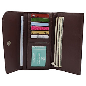 MARSHAL Women's Genuine Leather RFID Trifold Checkbook Slim Wallet for Ladies (Brown)