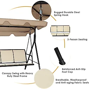 GRAFFY 3-Seat Deluxe Outdoor Swing with Weather Resistant Steel Frame & Polyester Angle Adjustable Tilt Canopy, 3 Person Porch Swing, Suitable for Patio, Garden, Poolside, Balcony, Brown