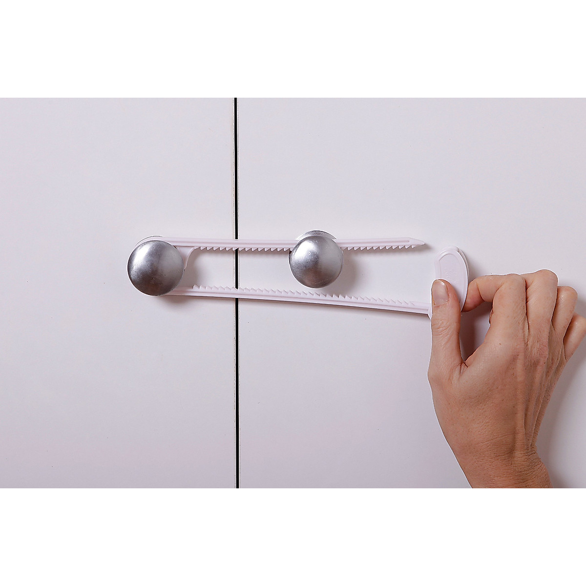 Dreambaby Sliding Cabinet Handle Door Lock - Child Proofing Safety Latch - for Kitchen, Bathroom Storage Doors Handles & Knobs - Suitable for Round & D-Shaped Knob Handles - 2 Pack - Model L915A