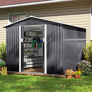 JAXPETY 8'x8' Garden Shed, Large Metal Lockable Outdoor Storage Shed & Outdoor Storage Garden Shed Tool Outdoor Storage Shed with Sliding Doors and Air Vent for Backyard, Patio, Lawn, Dark Grey