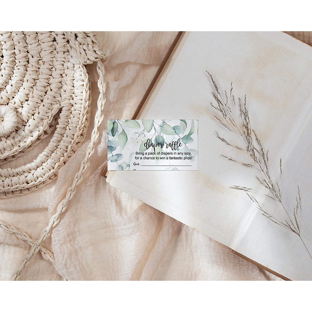 Greenery Diaper Raffle Tickets, Rustic Baby Shower Games for Prizes, Girls Baby Shower Diaper Raffle Invitation Insert Cards, 50 Pack