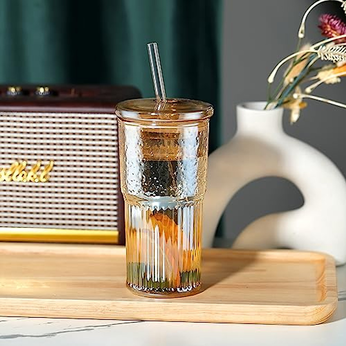 Joeyan 22 oz Amber Glass Tumbler with Straw and Lid for Iced Tea Coffee Smoothie Water Juice Beverages Soda,Ribbed Glasses Cups,Borosilicate Drinking Jar,Set of 2,Dishwasher Safe