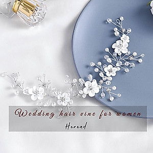 HEREAD Flower Bride Wedding Hair Vine Pearl Bridal Headband Rhinestones Hair Breath Accessories for Women and Girls (A Silver)