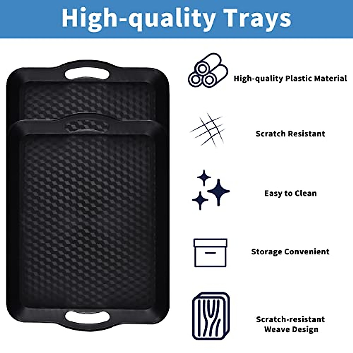 Plastic Tray with Handles, 2 Pack Multi-Purpose Rectangular Non Slip Restaurant Serving Trays Set for Parties, Coffee Table, Kitchen (12.2x16 inch)