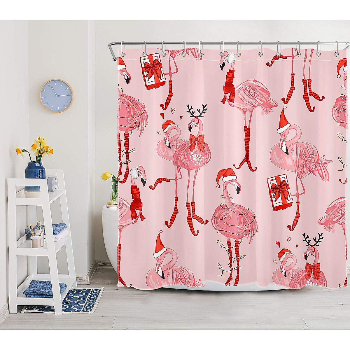 WEENEO Pink Christmas Shower Curtain Funny Flamingo with Red Xmas Hat and Gift Shower Curtain for Bathroom Winter Holiday Fabric Bath Curtain with 12pcs Hooks,72x72 Inch