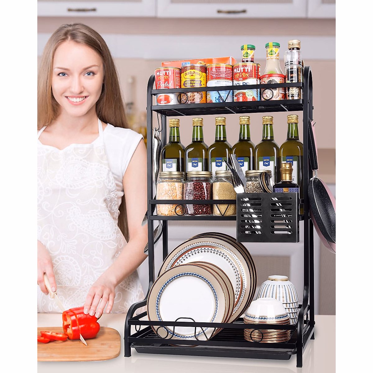 Dish Drying Rack - 3 Tiers Large Size Drainboard Set,Multifunctional Heavy Duty Dish Storage Organizer,Extra Large Capacity Spice Rack,Black,Model:DDR-003,by WEIKER., 17.5x12.5x29.5''