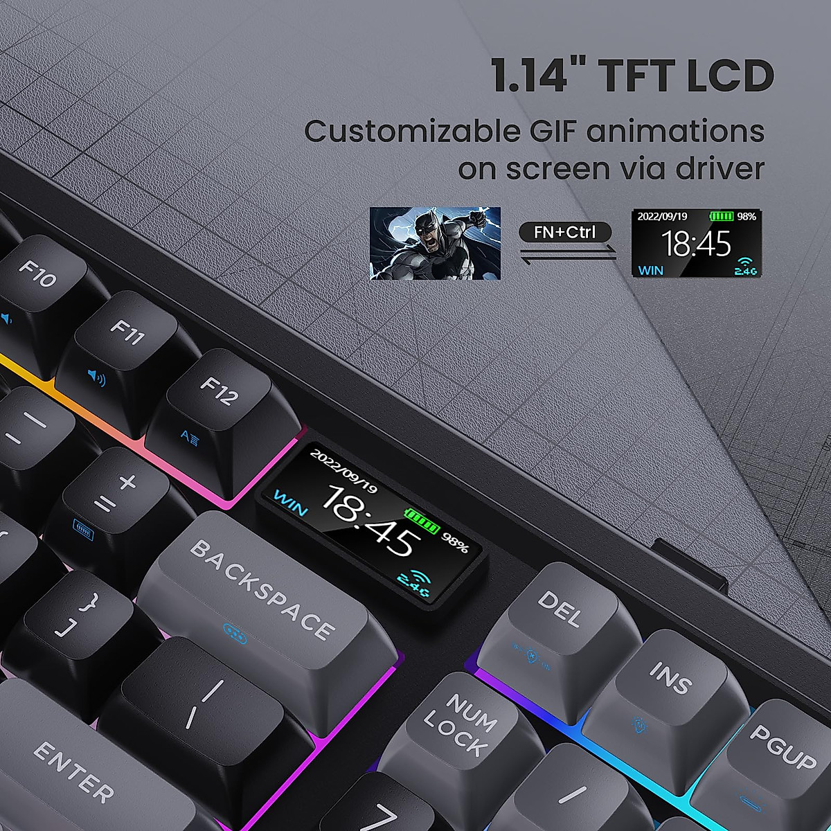 ROYALAXE L98 Wireless Mechanical Keyboard with 1.14” TFT LCD, Hot-swappable RGB Keyboard with Gateron G Yellow Pro Switches, Bluetooth/2.4G/Wired, Gasket Mount, PBT Keycaps, Charcoal Gray