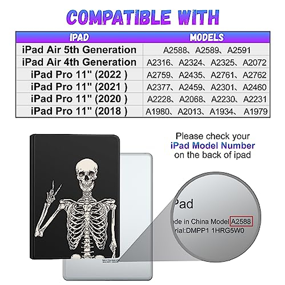 Uppuppy for Apple iPad Air 5th/4th Generation Case 10.9 Inch, for iPad Pro 11 Inch Case Pencil Holder Cute Kids Women Girls Folio Skeleton Cover for iPad Air 5 2022/4 2020/Pro 11” A2588 A2316 A2316