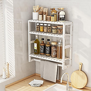 Galood 3 Tier Kitchen Organizers and Storage Spice Racks Organizer, Bamboo Storage Shelves with Towel Rack Under Sink Organizer (White)