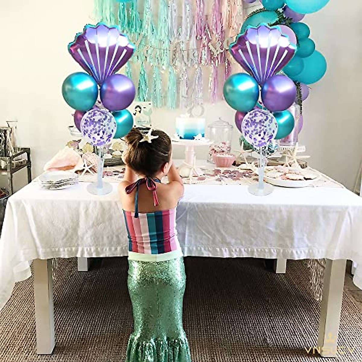 Mermaid Table Centerpiece Balloons Stand Kit 2 Sets with 2 Sea Shells Foil Balloons 14 Purple Blue Latex Balloons for Birthday Beach Mermaid Theme Sea Theme Party Mermaid Birthday Decorations
