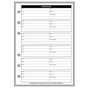 A6 Size Name & Address Insert, for 6-Ring Binders with Pages 4.1" x 5.8" (105mm x 148mm). Center Holes Spaced 1.5” (38mm). This is European A6 Size
