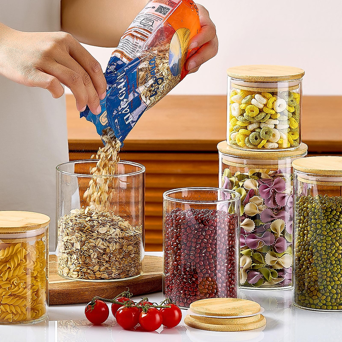 Meolibour 7 Pack Thicker Glass Food Storage Jars with Airtight Bamboo Lids, Clear Glass Storage Containers, Glass Canisters Set for Pasta, Nuts, Coffee Beans, Kitchen Pantry Organization Jar, BPA Free