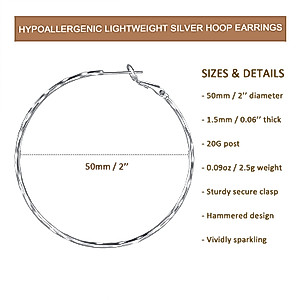 Hoop Earrings 925 Sterling Silver Post for Women 18K White Gold Plated Lightweight Hypoallergenic Diamond Cut Textured Round Hoop Earrings Thin Large Hoops Loop Earrings Size 50mm