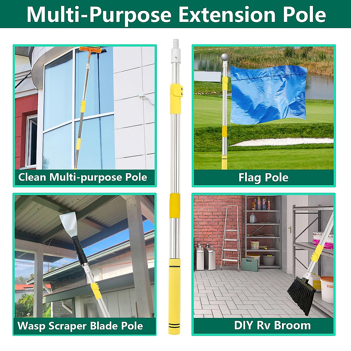 Frebuta Multi-Function Extension Pole, 2Ft to 10Ft Paint Roller Telescopic Extension Pole Heavy Duty Extendable Pole Light Bulb Changer with Long Handle Stainless Steel Tube Sturdy for Cleaning