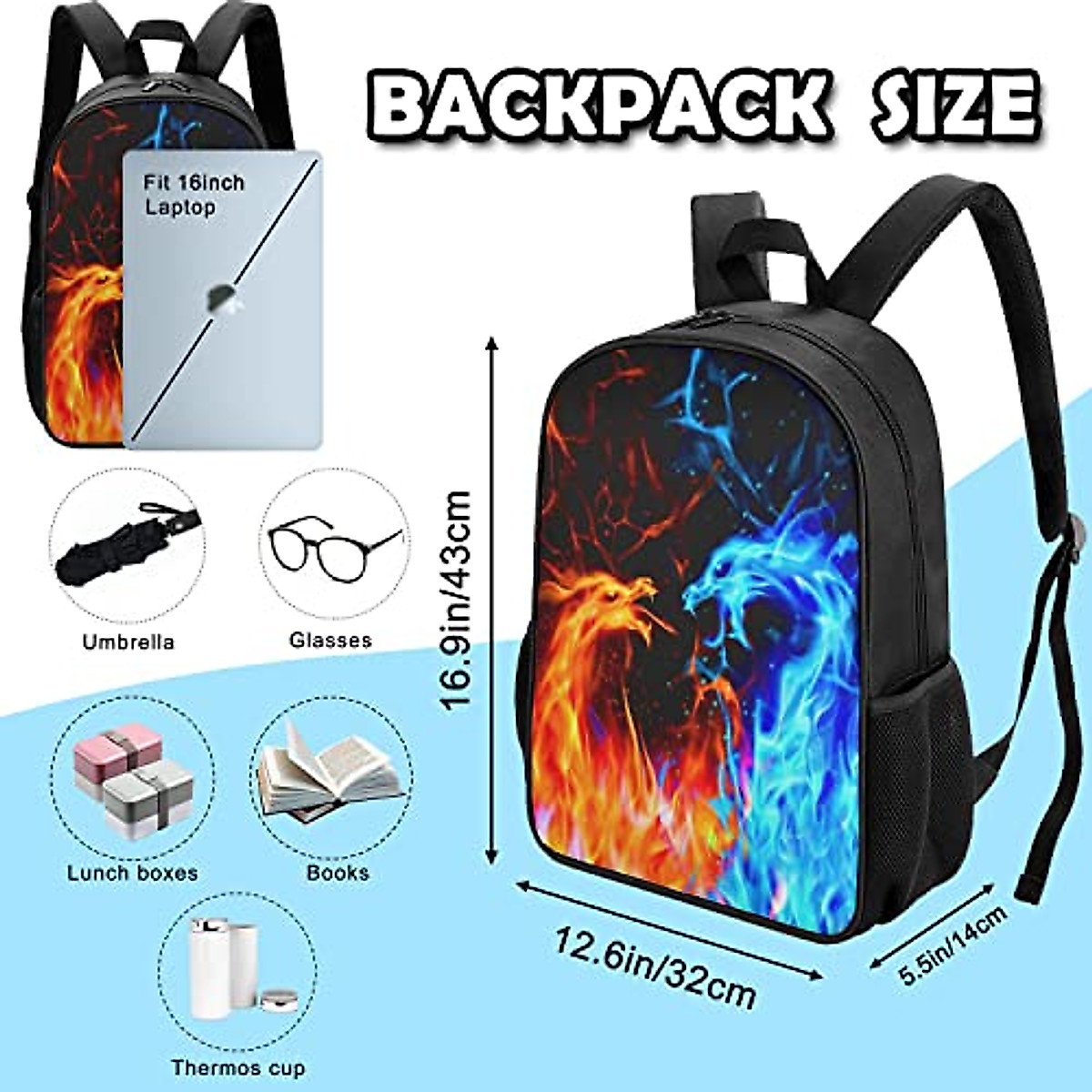 LEOPOM Fire Dragon Laptop Backpack Lightweight Large School Flame Bookbags - 17 inch