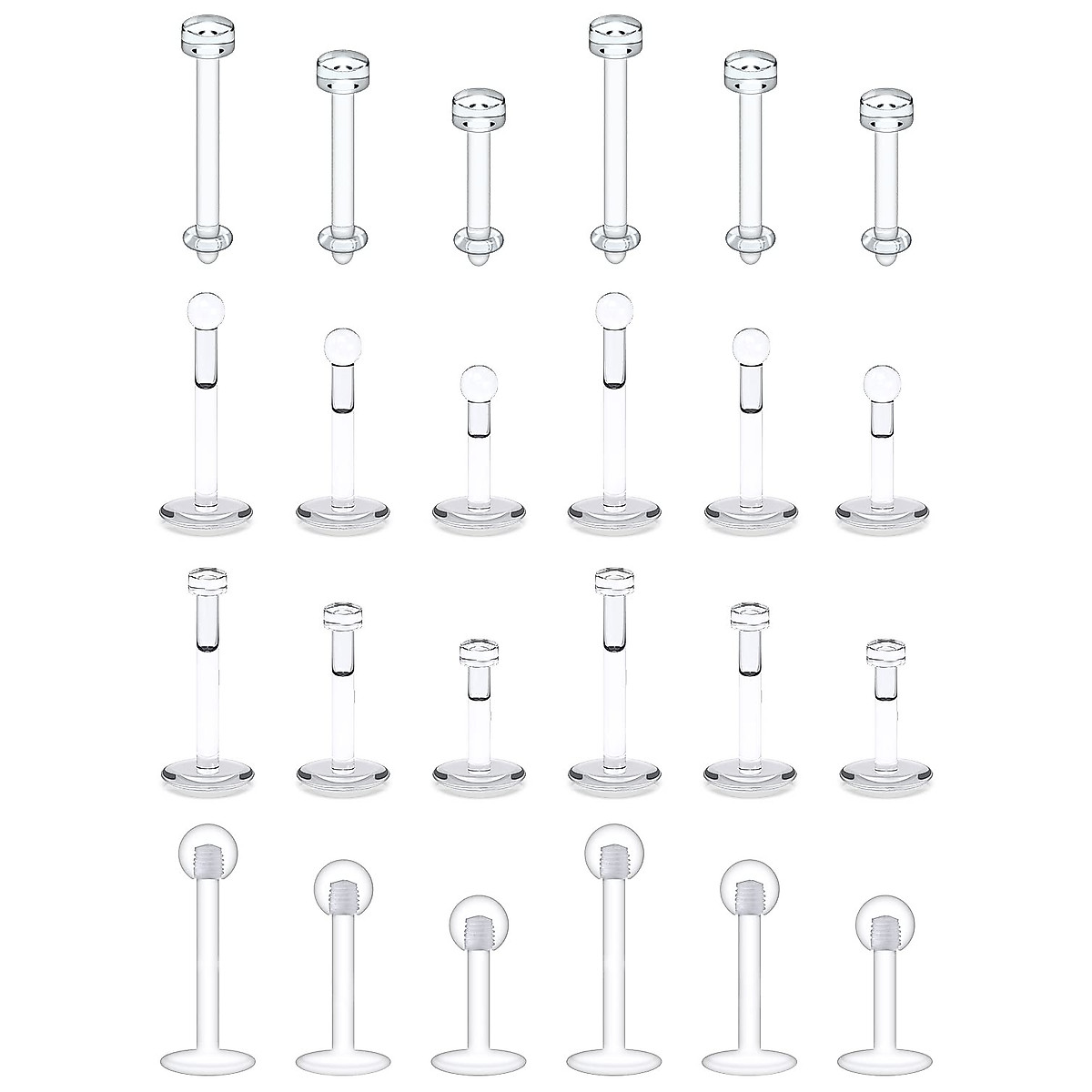 Lcolyoli 24-38PCS 16G Clear Piercing Retainers Flat & Ball Top Bioflex Lip Rings Labret Medusa Retainer Flexible Conch Tragus Cartilage Helix Piercing Jewelry for Women Men 6mm 8mm 10mm Bar Length