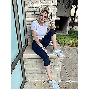 TARSE Womens Capris Yoga Workout Sweatpants Pockets Loose Drawstring Capri Pants Lounge Pajama Cropped Pants (NavyBlue,L)