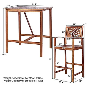 COSTWAY 3PCS Bar Table Set, Outdoor Acacia Wood Dining Set, Spacious Tabletop, Comfortable Backrest, Suitable for Sunroom, Backyard, Balcony, Space-Saving Design